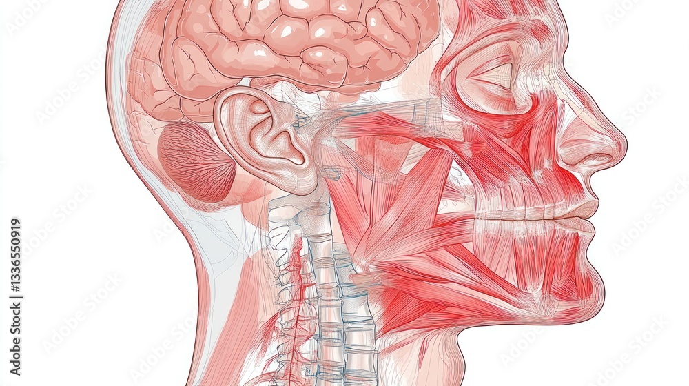Human head anatomy illustration showing brain, muscles, and neck. Stock ...