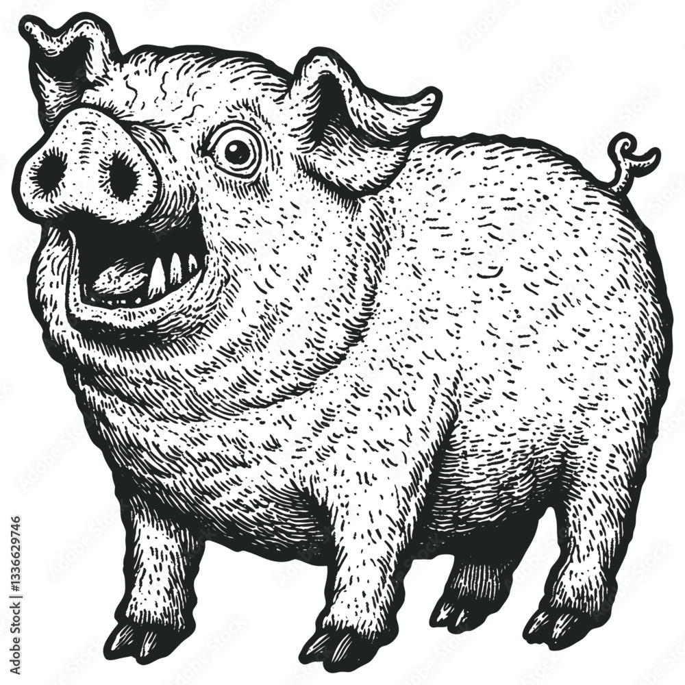 Vector illustration of a pig in detailed black and white engraving ...