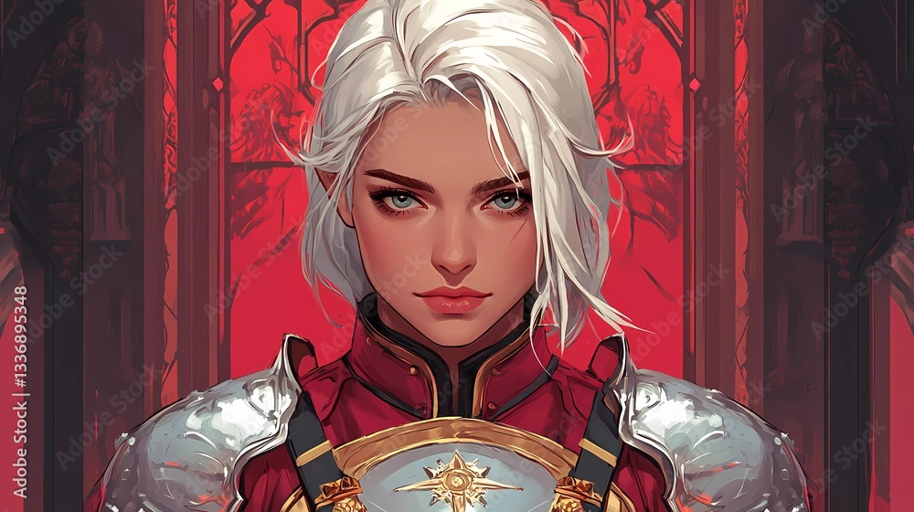 Strong warrior woman in battle armor, standing with a sword ...