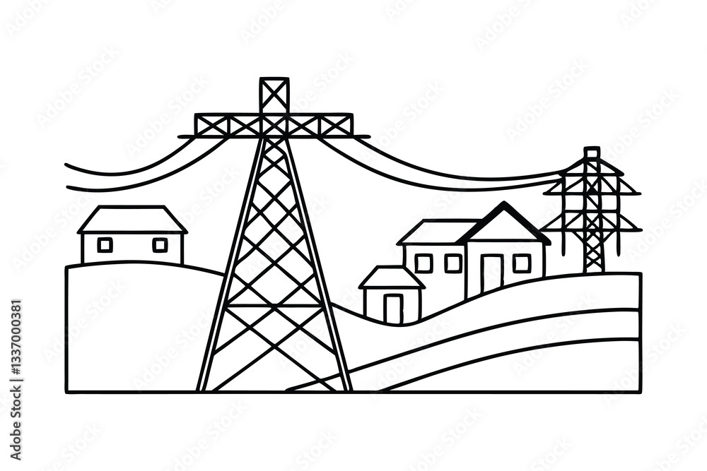 Power Transmission Line art Drawing, Rural Electricity Sketch vector ...