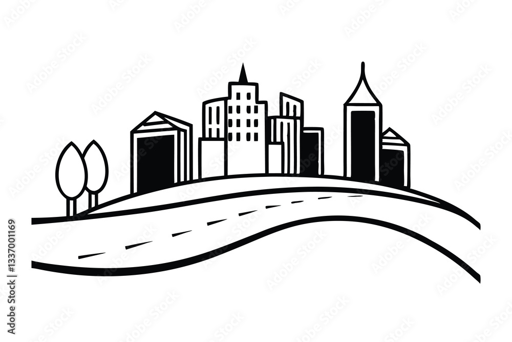 City Line art Drawing vector, Black and White Cityscape outline Sketch ...
