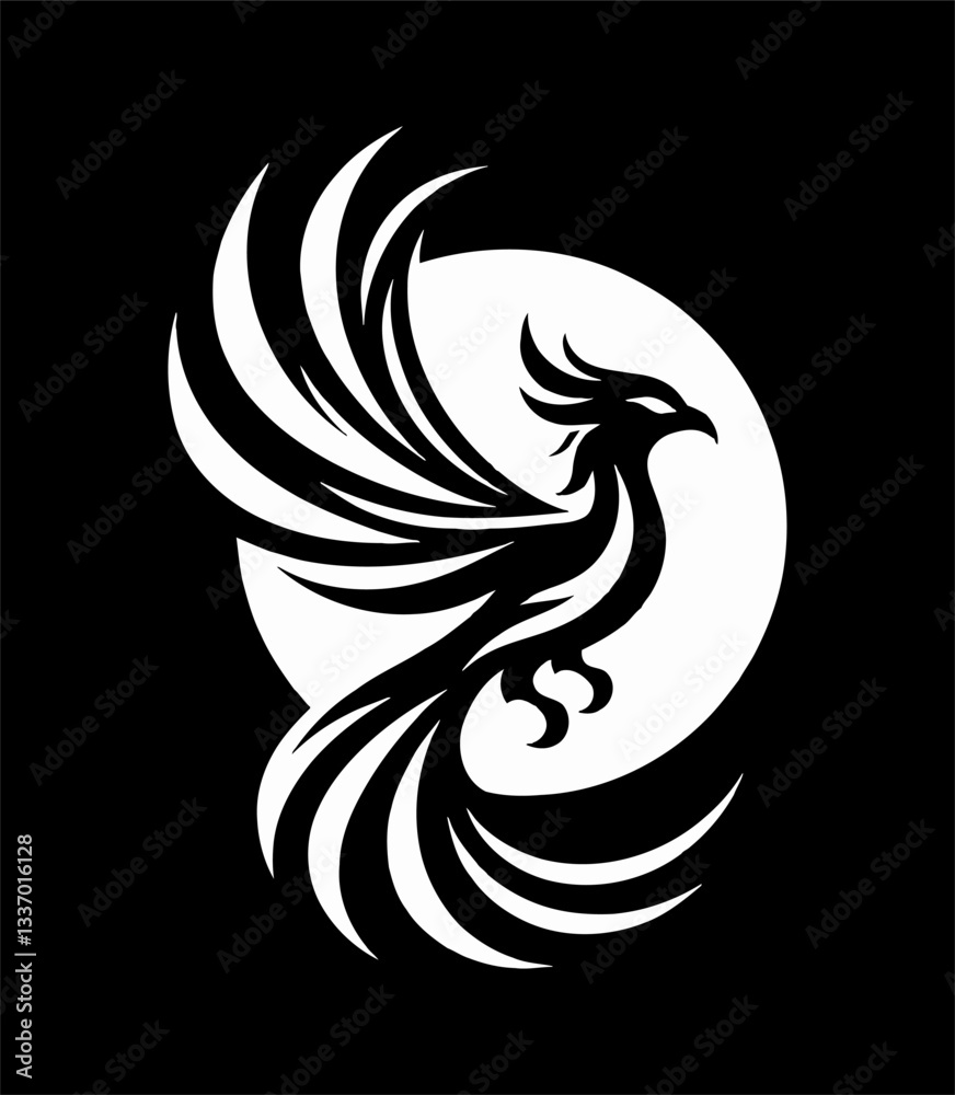 Phoenix rising with wings spread against white circle in a simple black ...
