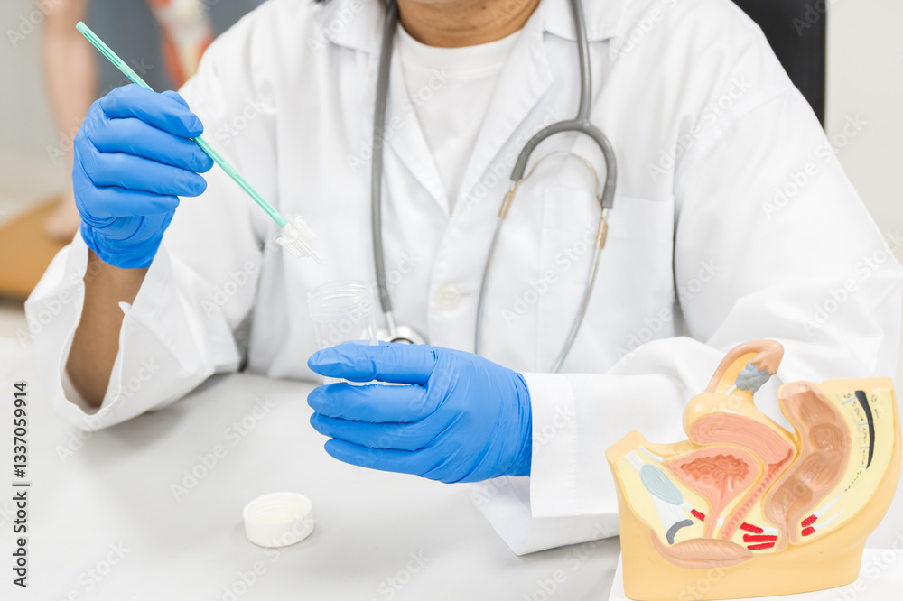 Doctor demonstrates cervical cancer screening on white background ...