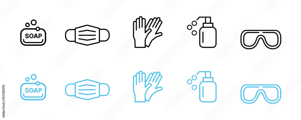 personal protection equipment icons - medical mask, latex gloves, soap ...