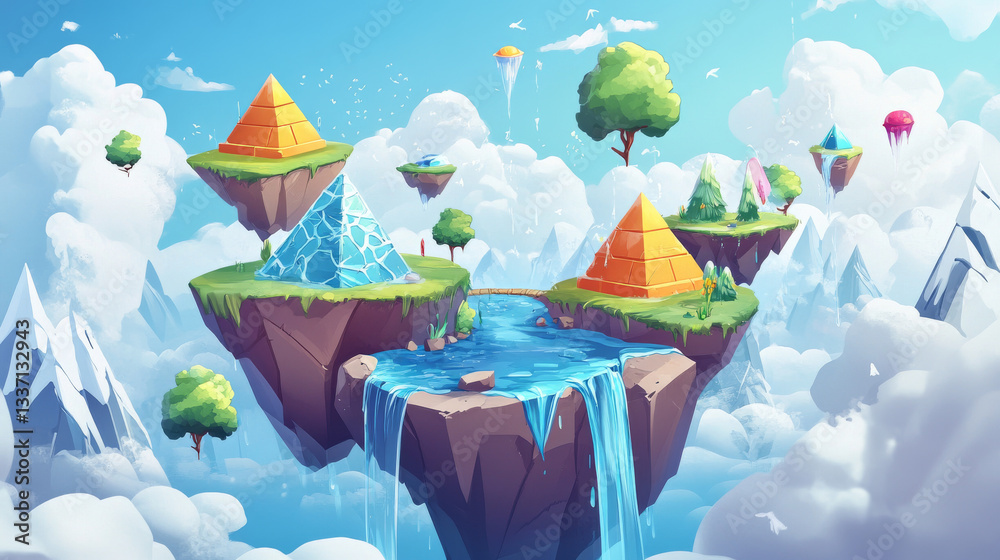 Fantastic flying land platforms for game ui design. Vector cartoon ...