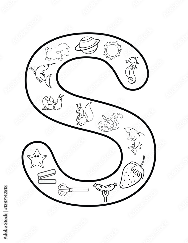 Striking Letter S Coloring Page – Sun, Star & Snake Designs for ...