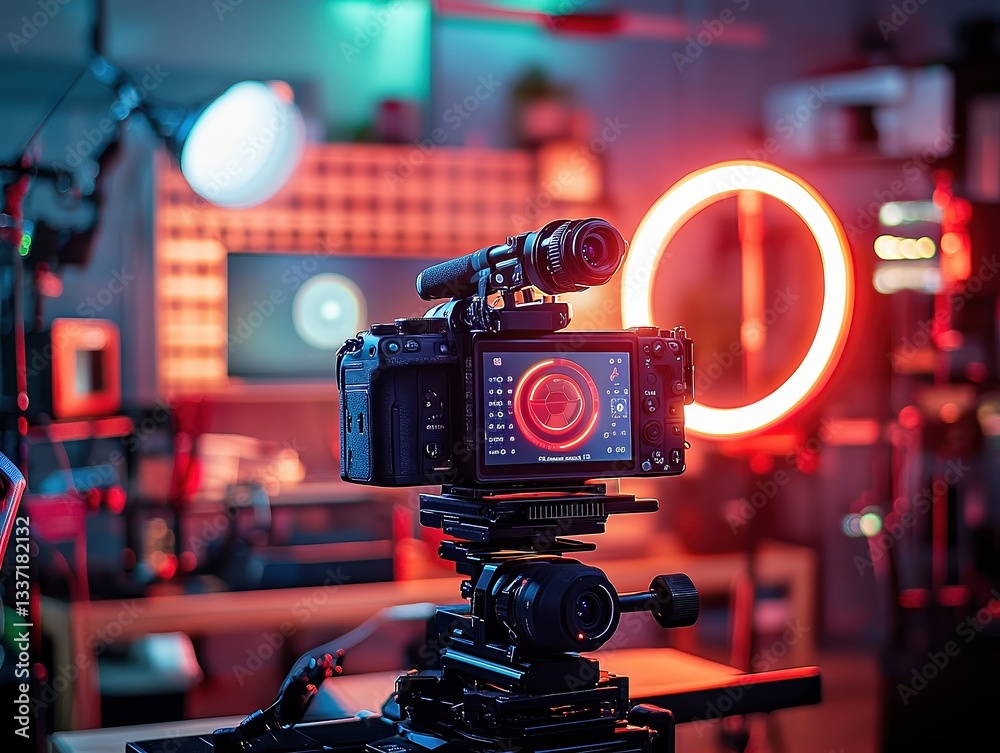 Professional video camera capturing interview setup in well-lit studio ...