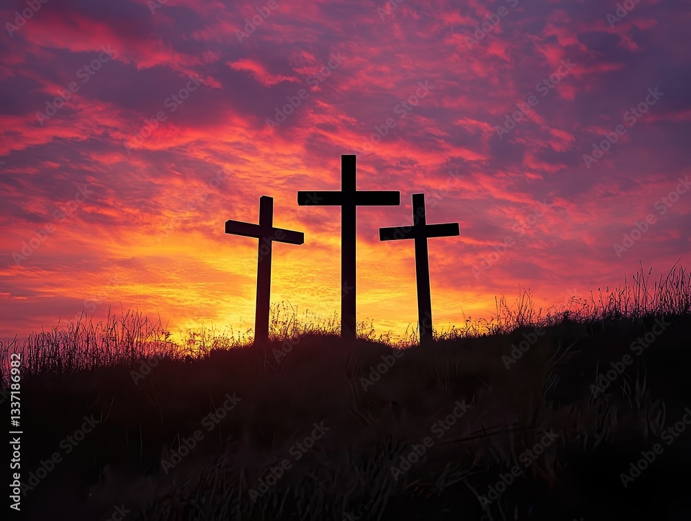 Silhouette of three crosses on hill at sunset representing crucifixion at Golgotha. Dramatic sky ...