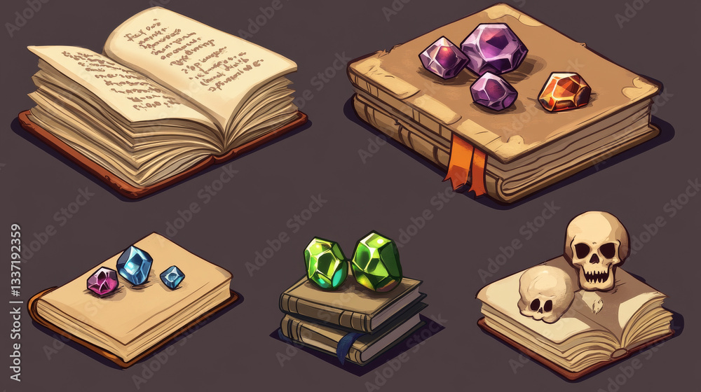 Magic book game level rank ui assets. Cartoon set of evolution stages ...