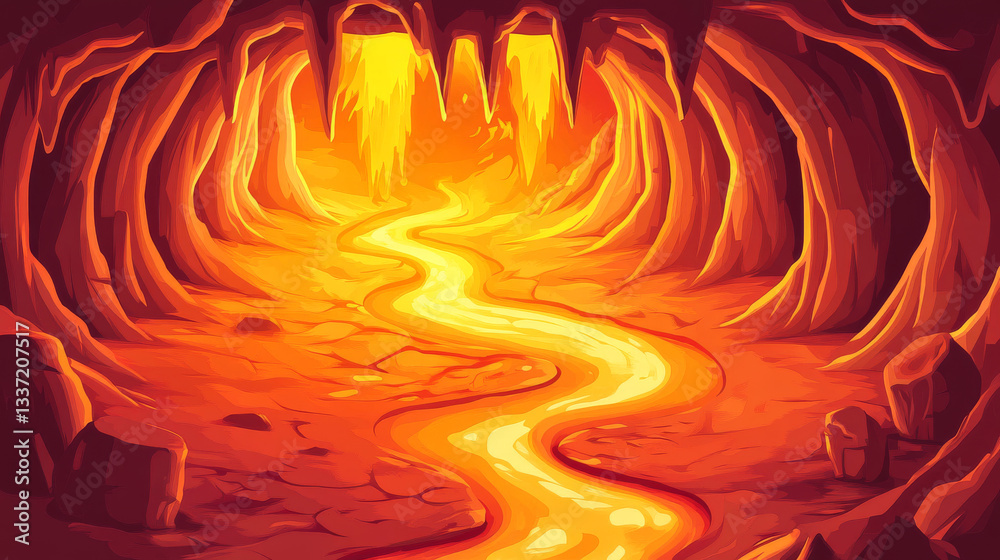 Lava cave game background. Fantasy hell landscape. Fire magma and rock ...