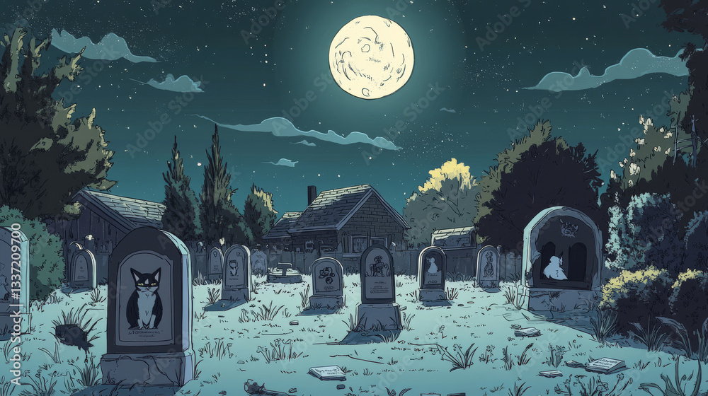Pet cemetery at night, animal graveyard with tombstones, grave tombs ...