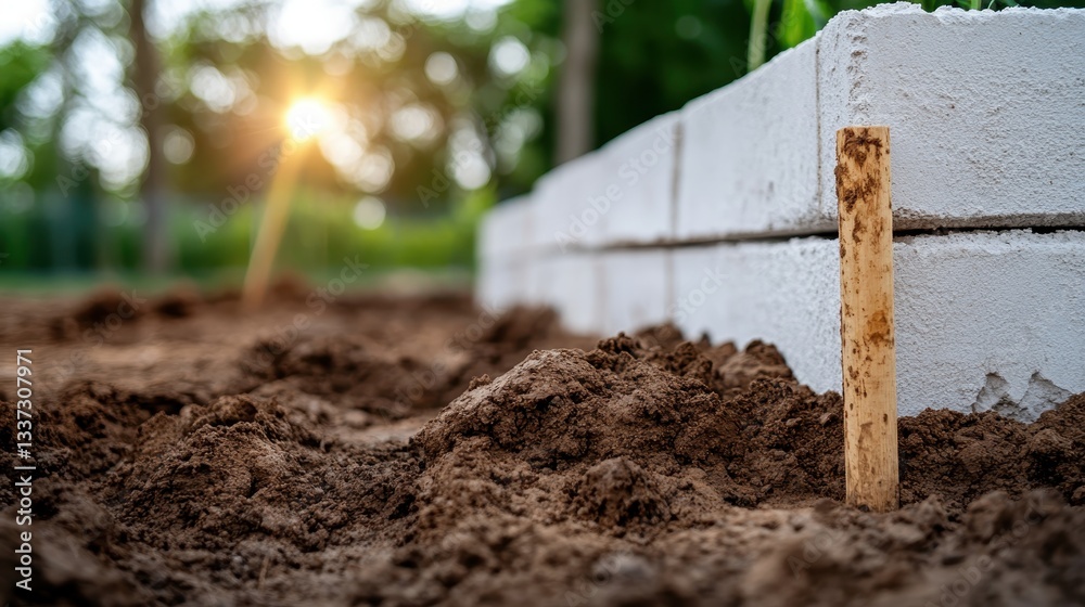 Foundation walls made of blocks show new home construction, with wooden ...