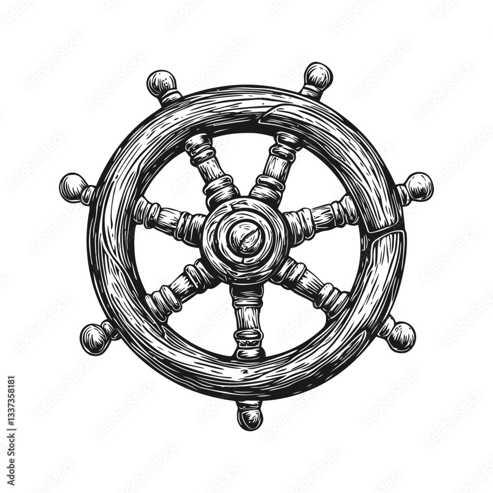 Vintage Nautical Ship Wheel Engraving Design for Maritime Themes Stock ...