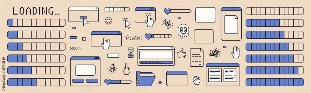 Pixel art loading elements. Windows interface vintage. 8 bit browser and menu elements with ...
