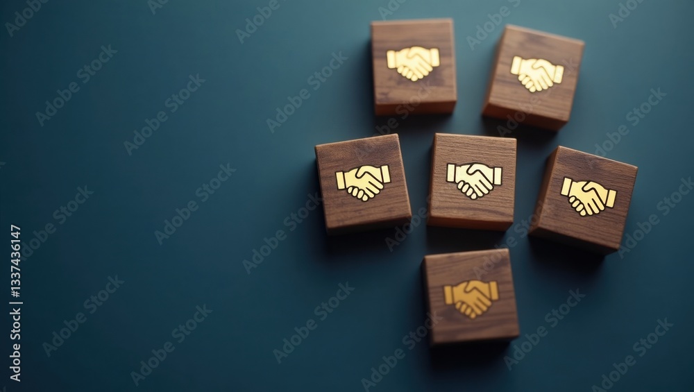 Redes empresariales con símbolos de apretón de manos en cubos de madera ...