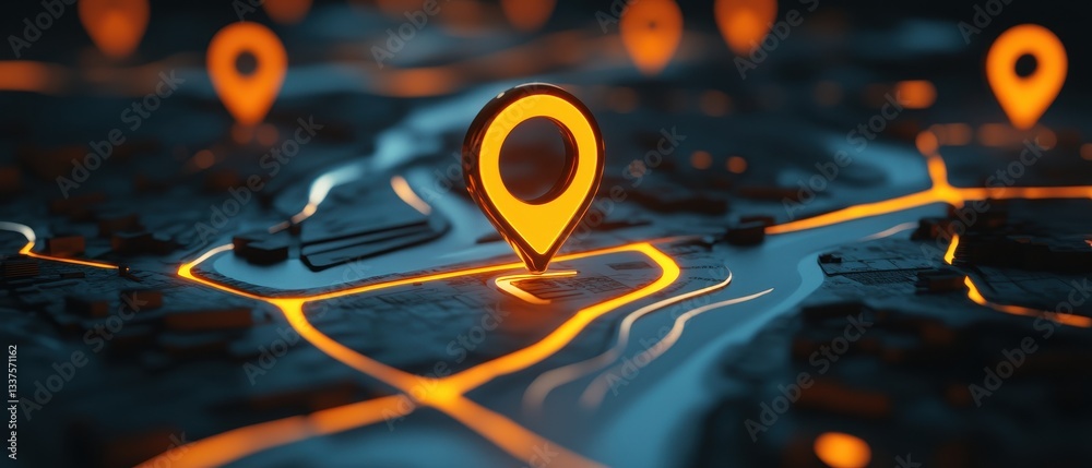 Glowing map with location pins and illuminated pathways at night. Stock Photo | Adobe Stock