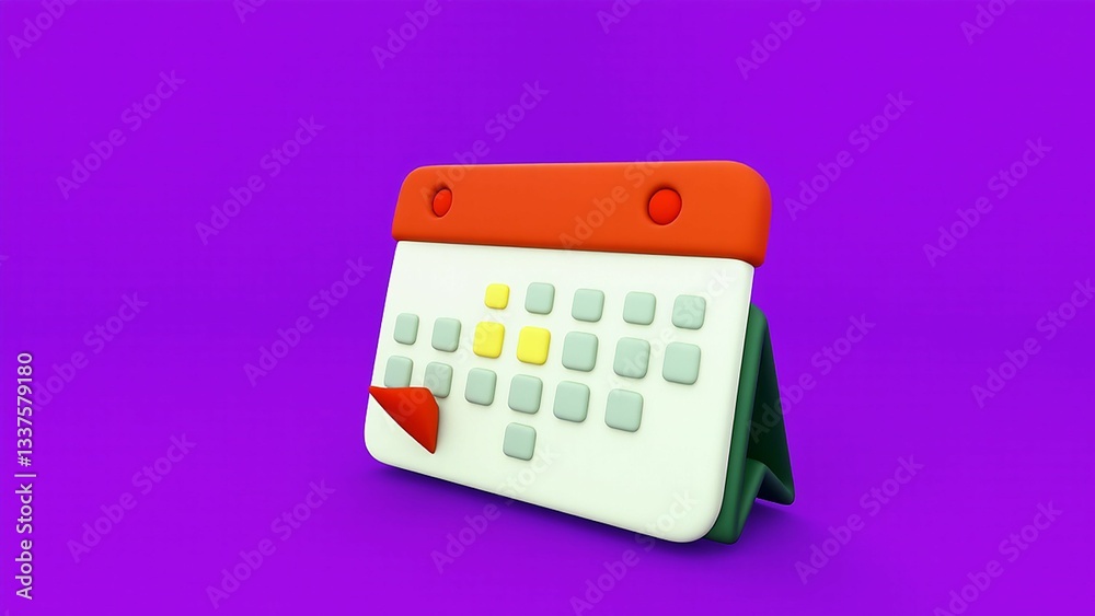 3D Stylized Desk Calendar with Red Day Marker and Highlighted Dates on ...
