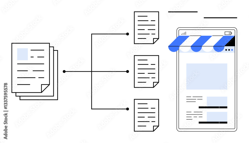 Stack of documents connected via a flowchart to separate files and an ...