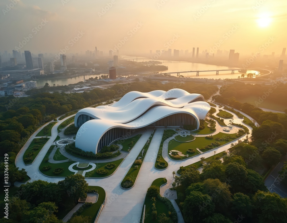 Aerial view of Da Nang Apec sculpture park during sunset. Modern ...