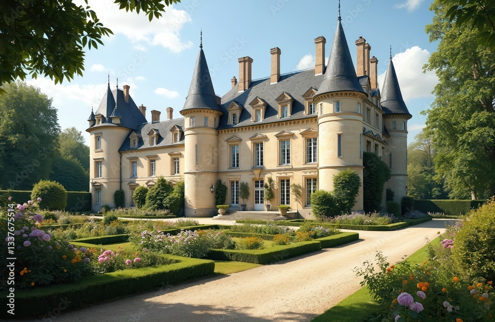 Le Lude castle in France. Famous palace with towers, garden, blue sky ...