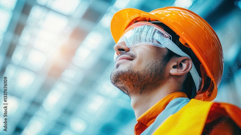 construction worker wearing orange hard hat and safety goggles looks ...