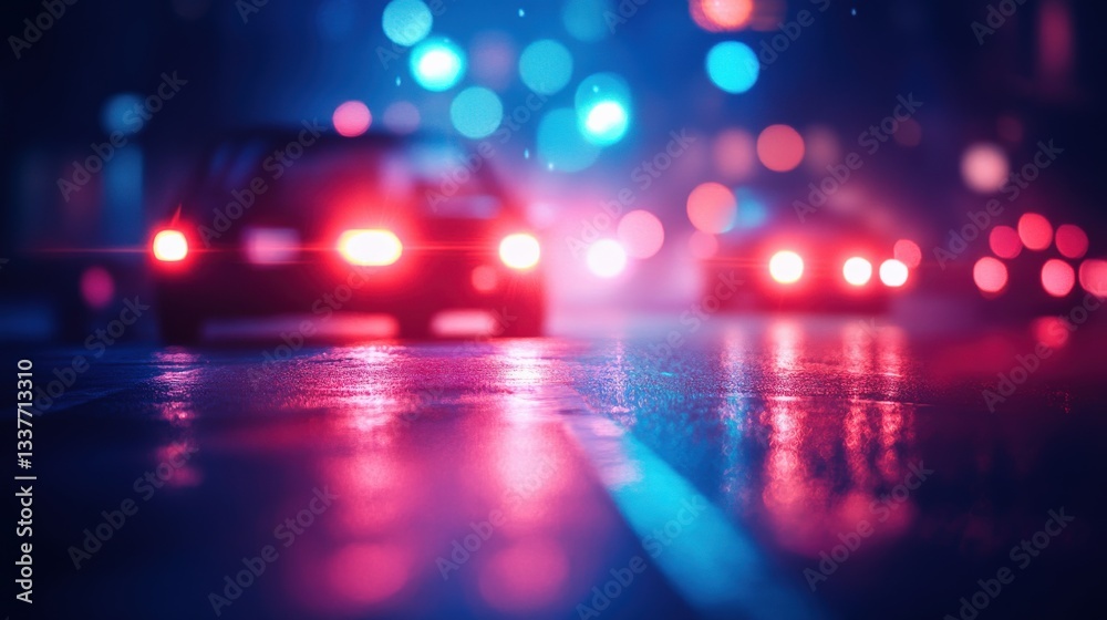 Blurred background of flashing police lights illuminating a crime scene ...