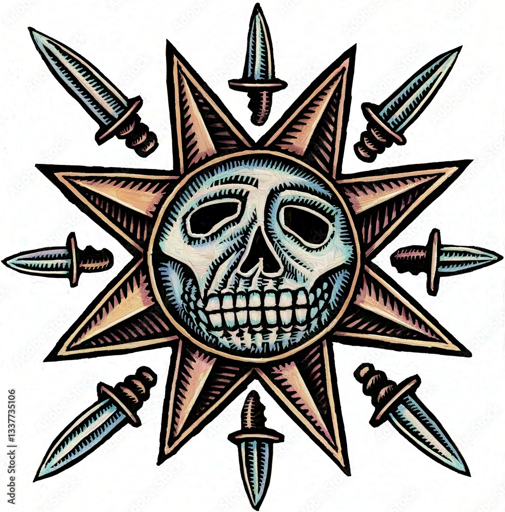 stylized sun with skull face and daggers coming out, symbolizing skin ...