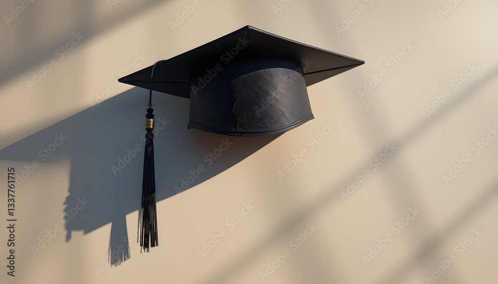 Artistic photograph of graduation cap on a beige background with space ...