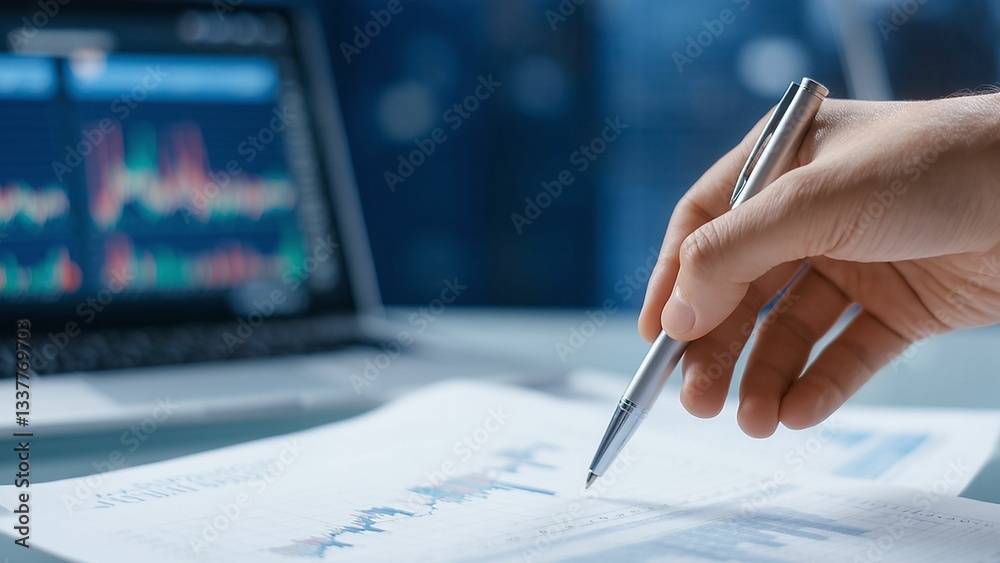 Analyzing financial market data with graphs and a pen, laptop shows ...