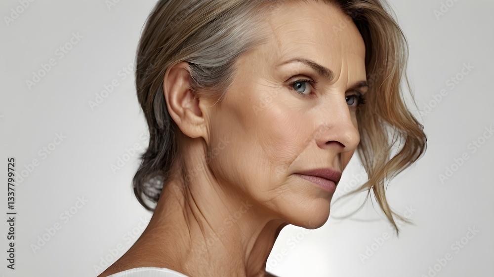 Close up of senior older middle-aged woman face without make-up , shows ...