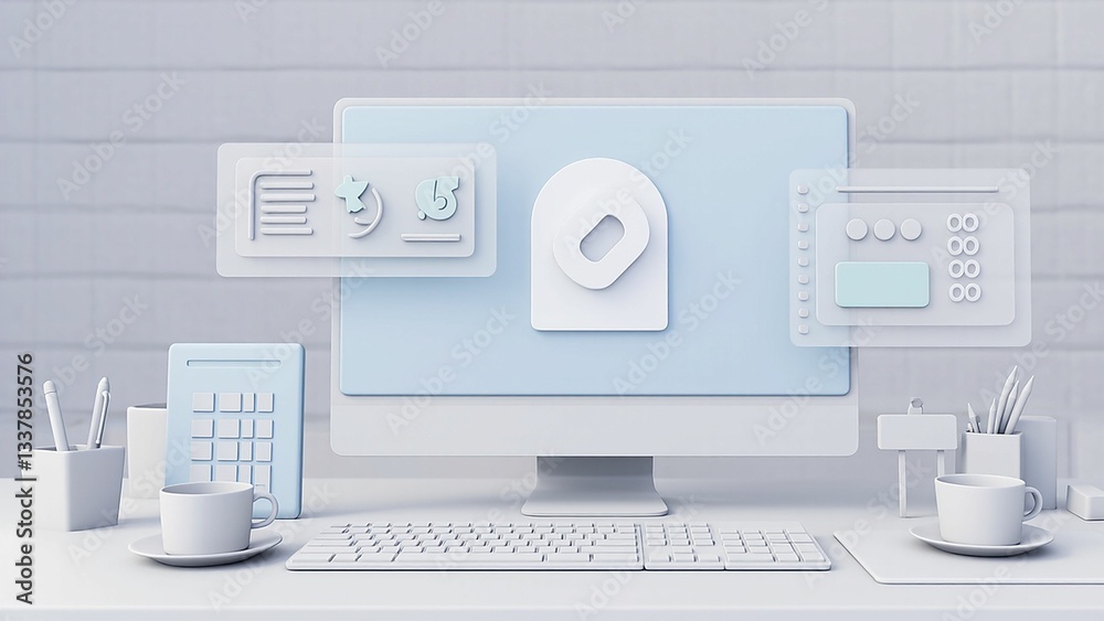 Minimalistic white desk setup with computer, calculator, floating UI ...