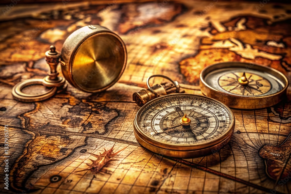 Vintage World Map, Compass, Astrolabe: History of Cartography Stock ...