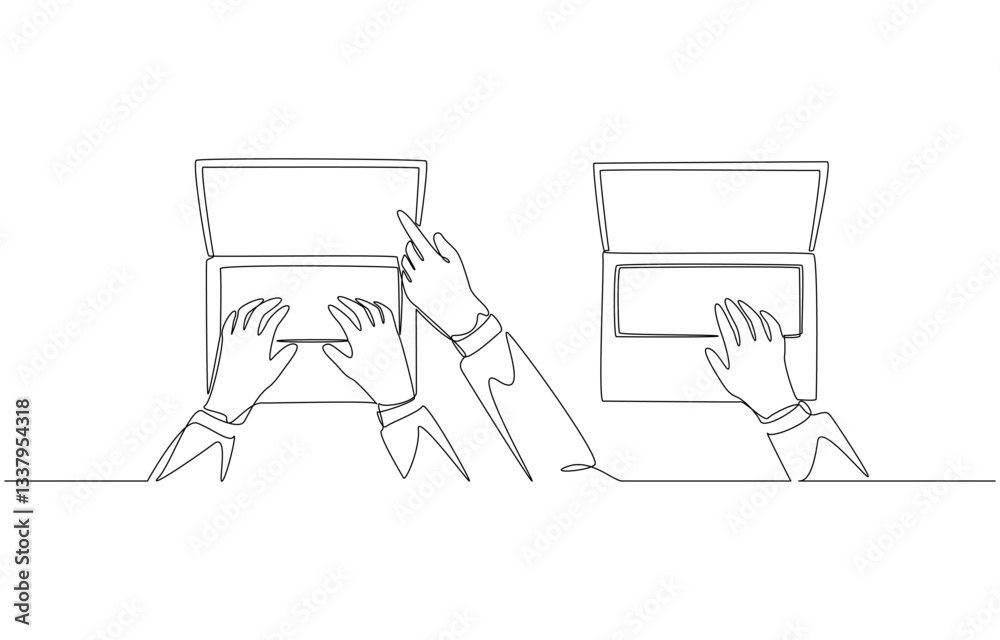 Continuous one line drawing of hand pointing on laptop screen of ...