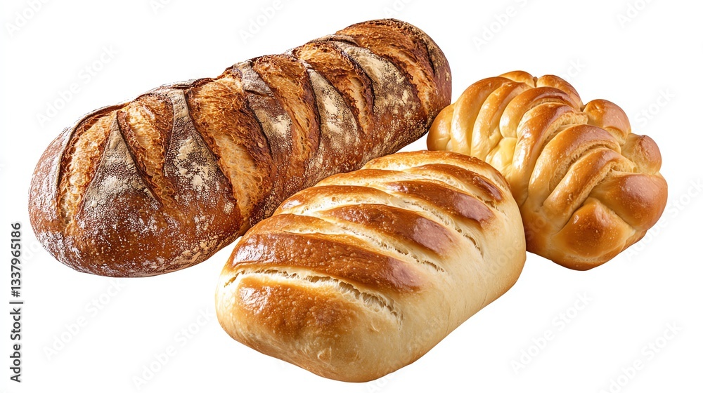 Three different types of bread a rustic round loaf a long crusty ...