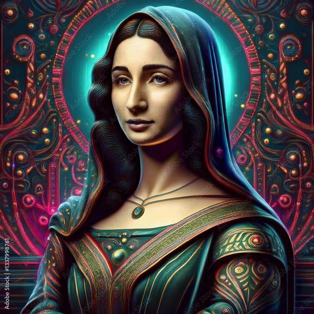 Painting of Mona Lisa revisited, with an aesthetic that mixes religious ...