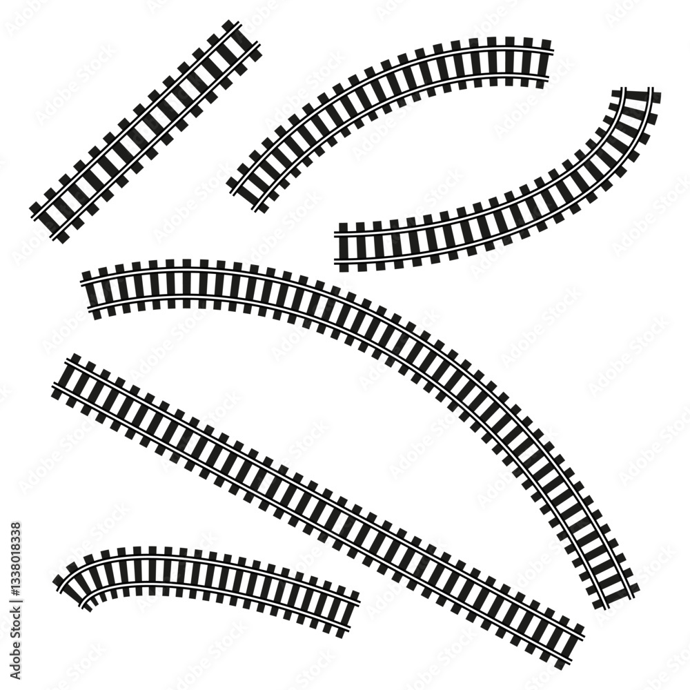 Rail track icons. Black vector symbols. Curved line shapes. White ...