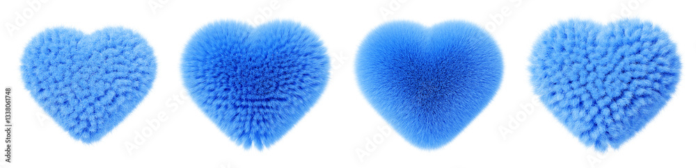 3d blue fur fluffy hearts set isolated on white background. Cute furry ...