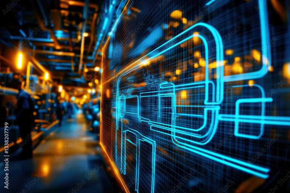 Cutaway view of a next-gen manufacturing plant with interconnected ...