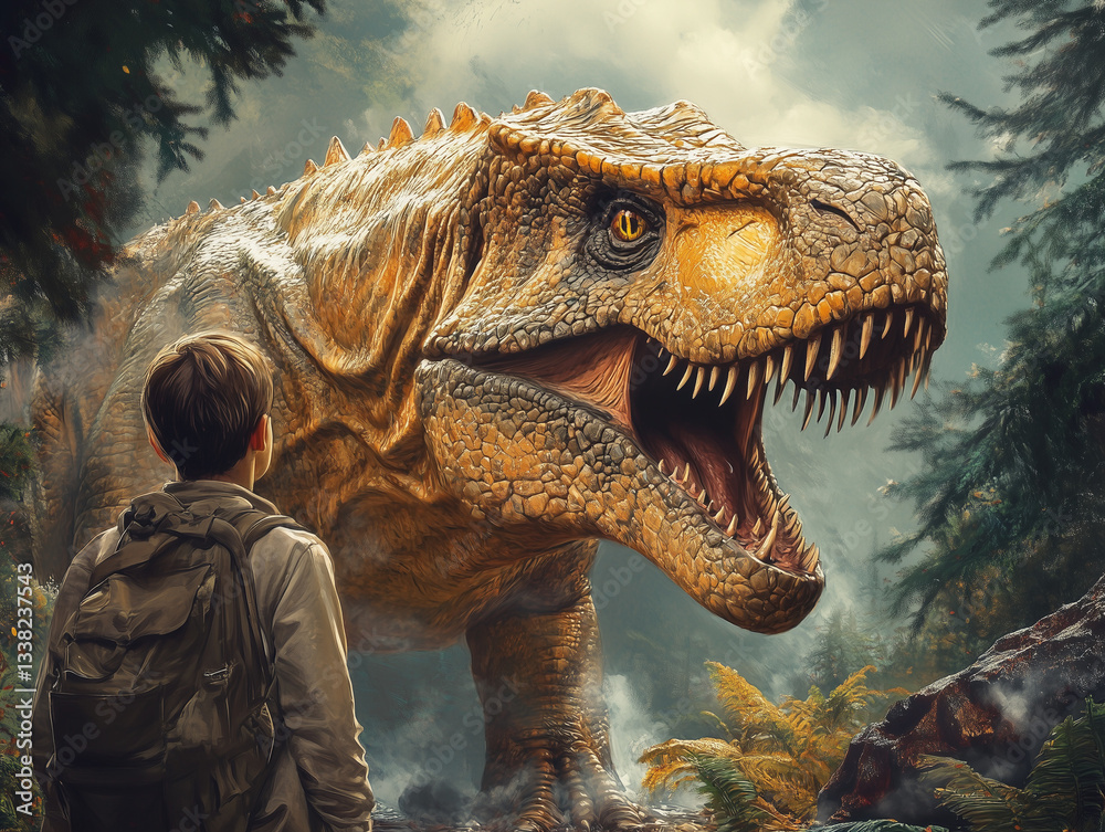 This image depicts a T-Rex-like dinosaur, roaring with its mouth wide ...