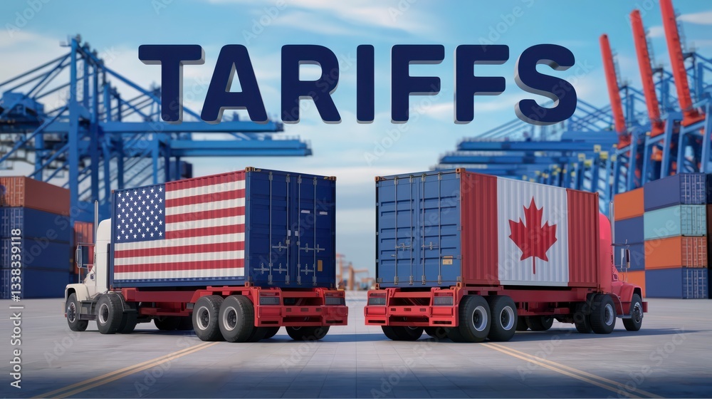 Container trucks, American & Canadian flags. US Imposes Tariffs from ...
