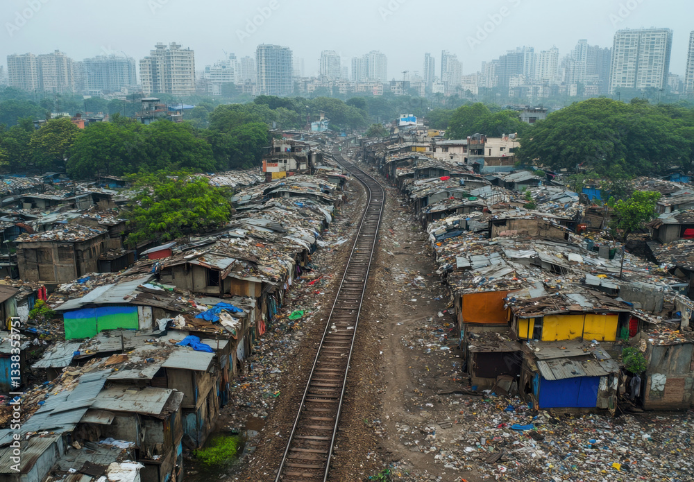 Colorful shanty houses line the railway tracks in Mumbai, capturing the ...