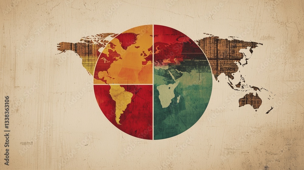 Colorful pie chart over world map symbolizing global demographics data ...