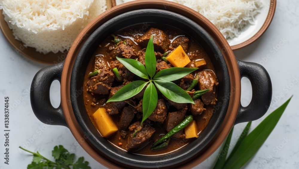 Spicy red beef fry curry alongside brown rice dish, with Ghee rice ...
