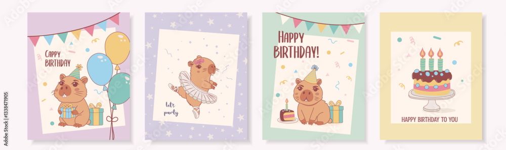 Birthday card designs set featuring cute capybara with balloon, ballet ...