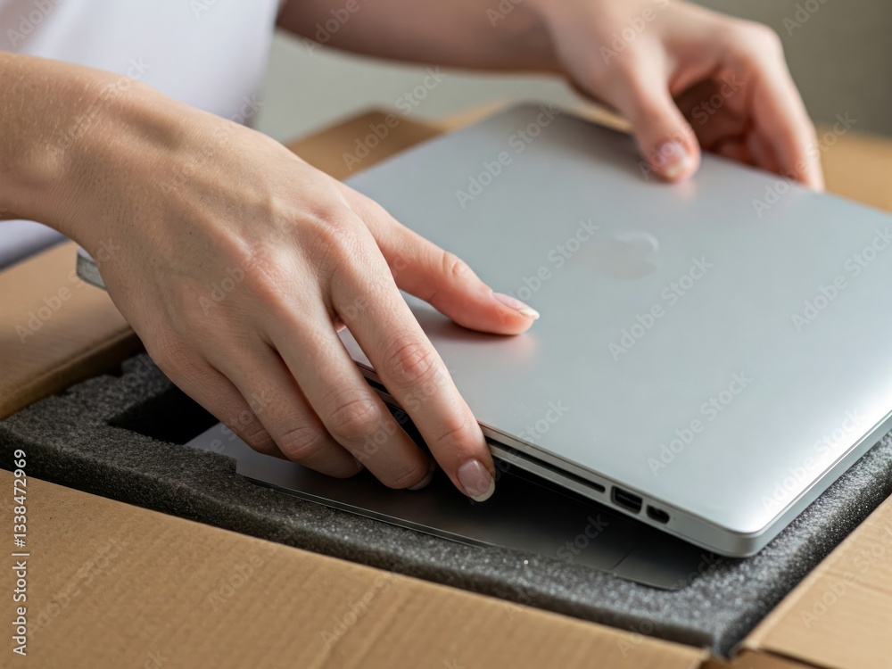 Hands carefully removing a new laptop computer from its shipping box ...