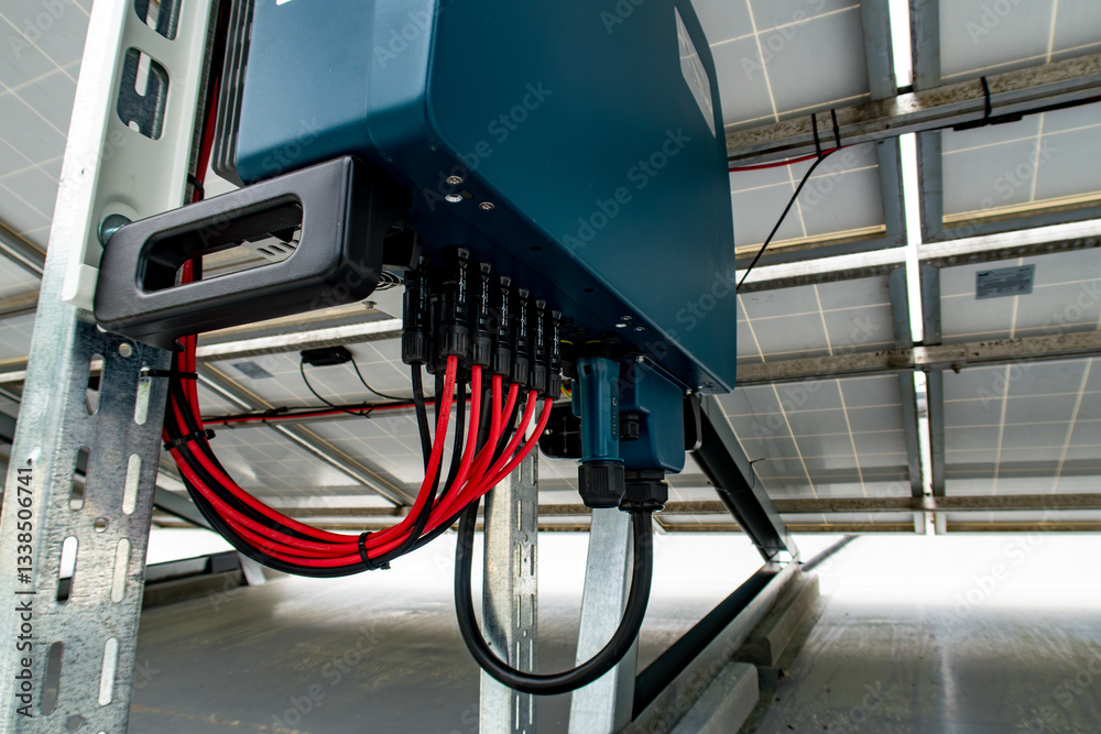 Solar panel inverter under canopy. Solar power plant Back view ...