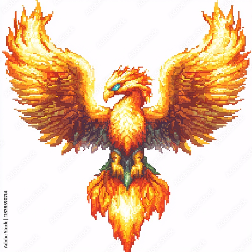 Pixel art sticker logo of a pixelized armored phoenix with plasma ...
