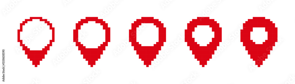 Five red pixel map markers showcase diverse styles. ideal for digital ...