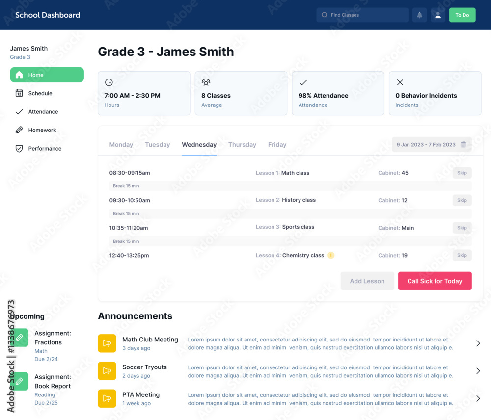 School Dashboard, Education Portal, Homework Web App Calendar Academic ...