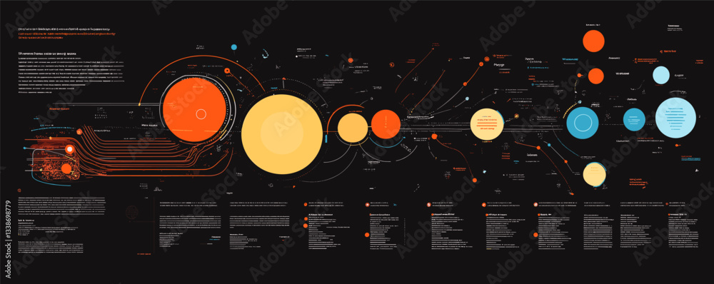 Colorful solar system diagram with planets and orbits on black ...